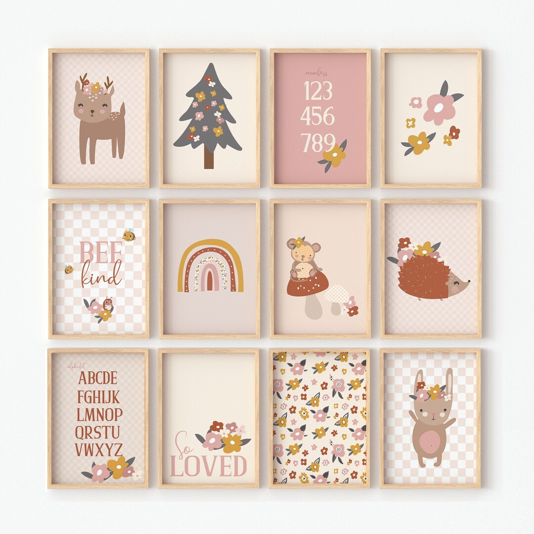 Girls Boho Woodland Nursery Wall Art, Printable Set, Floral Nursery ...
