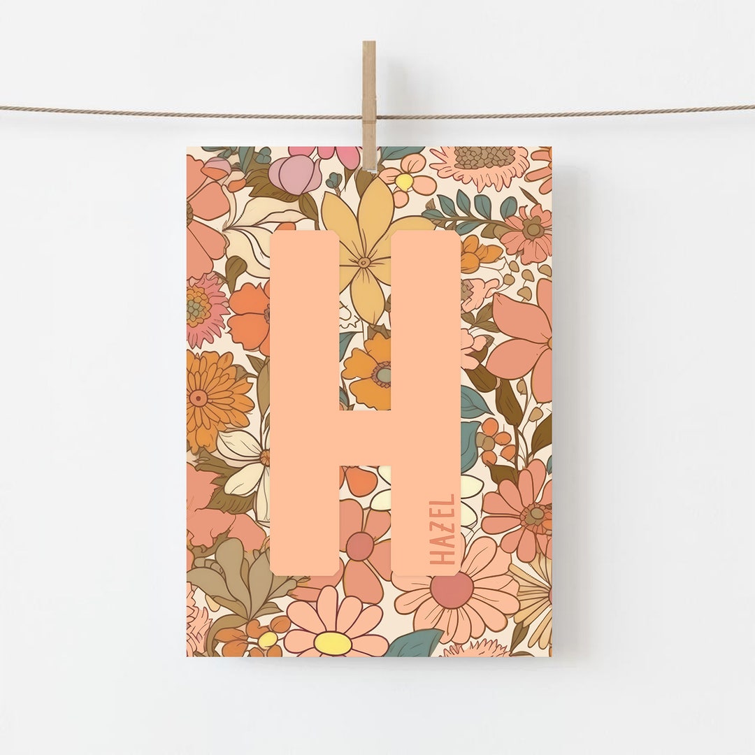 Custom Floral Initial Print, Printable Retro Letter, Girls Name Wall ...