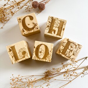 Floral Boho Wooden Name Blocks, Engraved Wood Natural Blocks, Baby ...