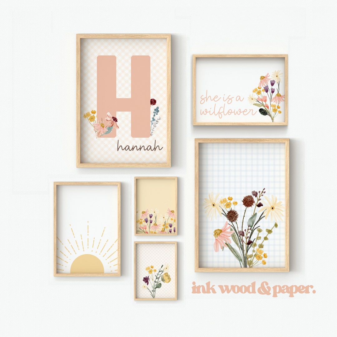 Boho Vintage Blooms Personalised Floral Nursery Art Set, Baby Girl's ...