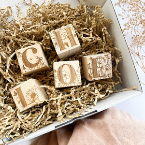 Floral Boho Wooden Name Blocks, Engraved Wood Natural Blocks, Baby ...