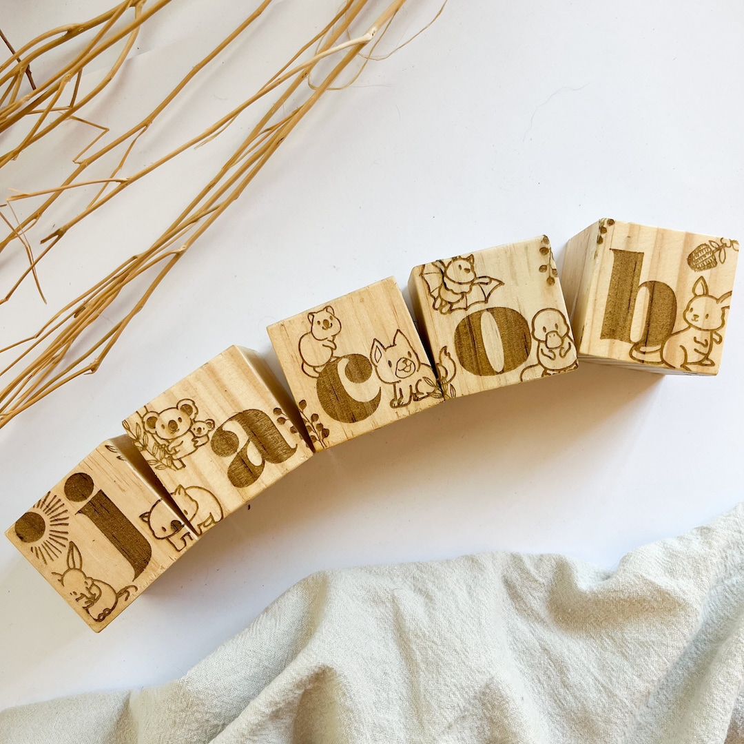 Australian Animal Wooden Name Blocks, Personalised Engraved Wood ...