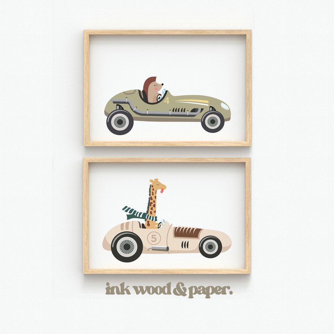 Vroom Vroom Boys Animal Race Car Nursery Prints, Racing Wall Art Prints ...