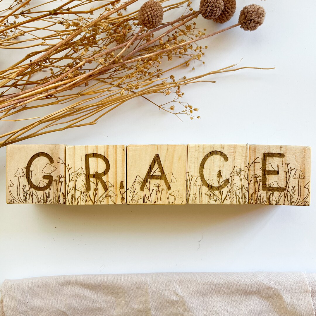 Mushroom Boho Wooden Name Blocks, Engraved Wood Natural Blocks, Baby ...