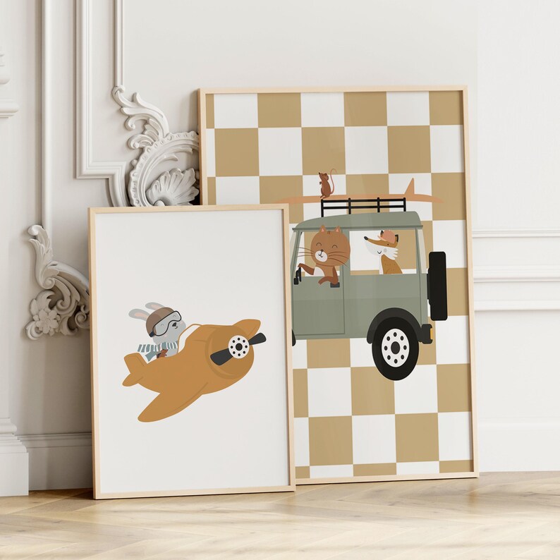 Vehicle Nursery Prints: Animals Driving Car & Plane Art (digital ...