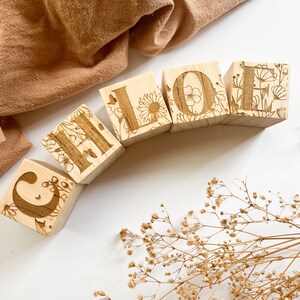 Floral Boho Wooden Name Blocks, Engraved Wood Natural Blocks, Baby ...