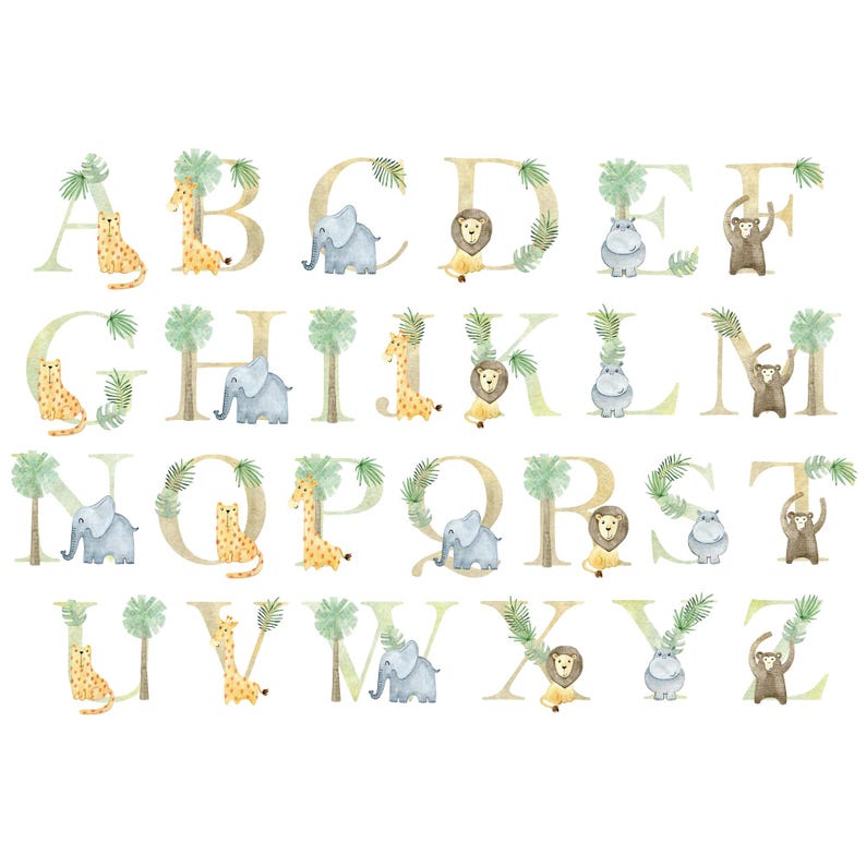 Watercolour Jungle Animal Wall Sticker - Animals on A-Z Letters ...
