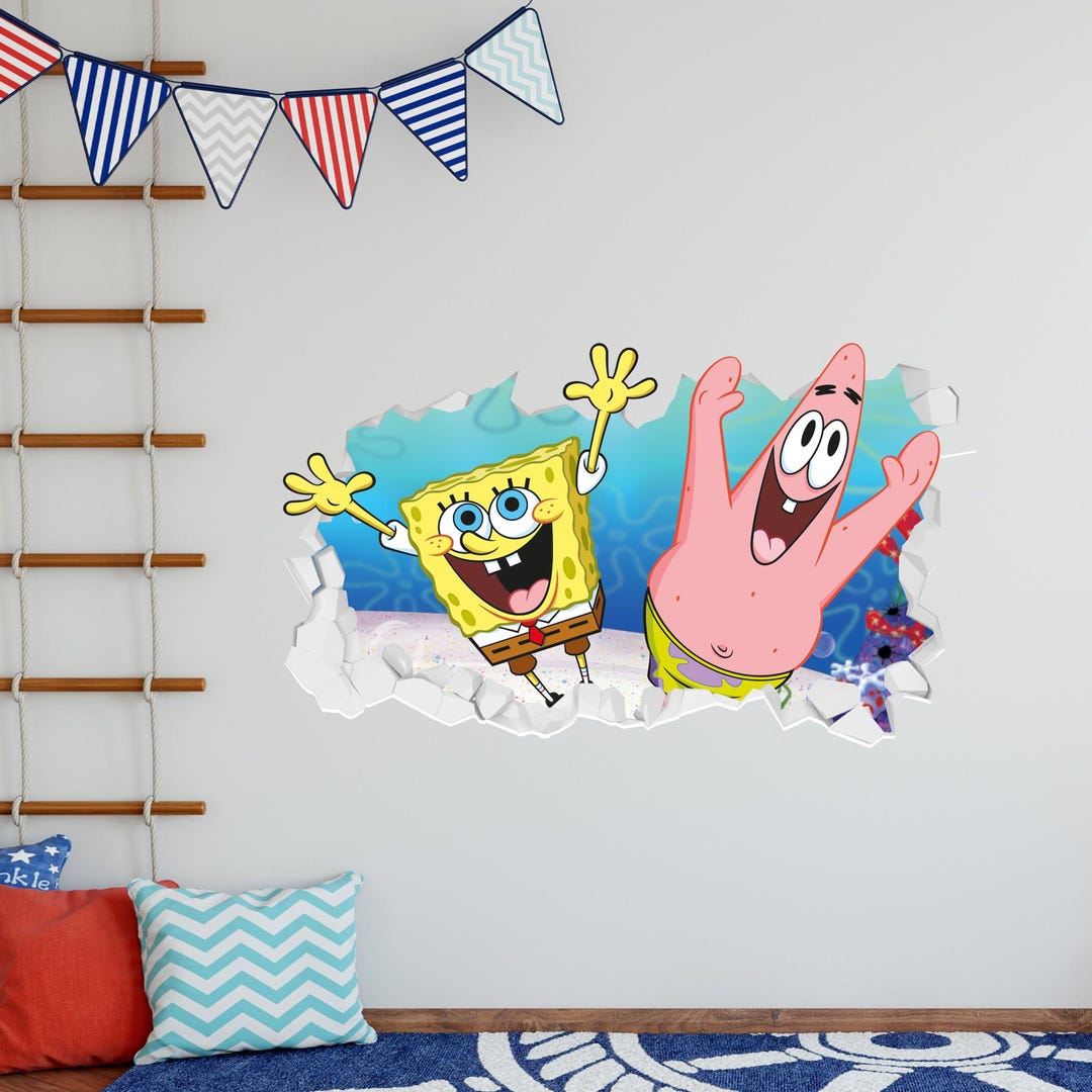 Spongebob Wall Sticker - Spongebob and Patrick Jumping Through Broken ...