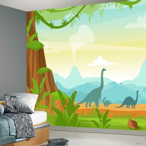 Dinosaur Wall Mural - Dinosaur Silhouette Prehistoric Landscape Full ...