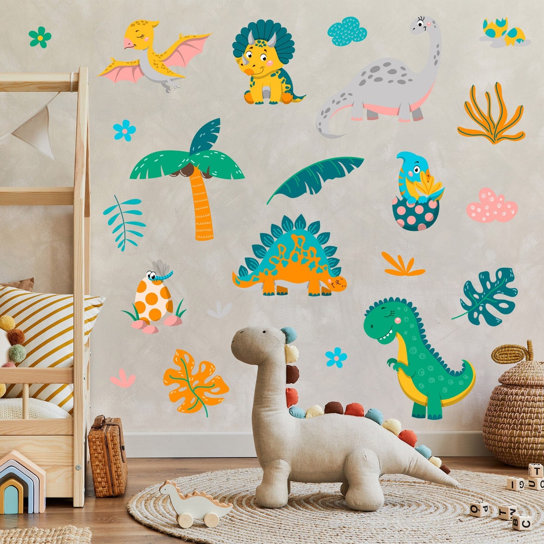 Dinosaur Wall Sticker - Cute Baby Dinosaur and Nature Wall Decal Set ...