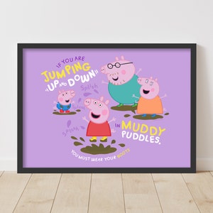 Peppa Pig Print - Peppa and Family Jumping in Muddy Puddles Poster Wall ...