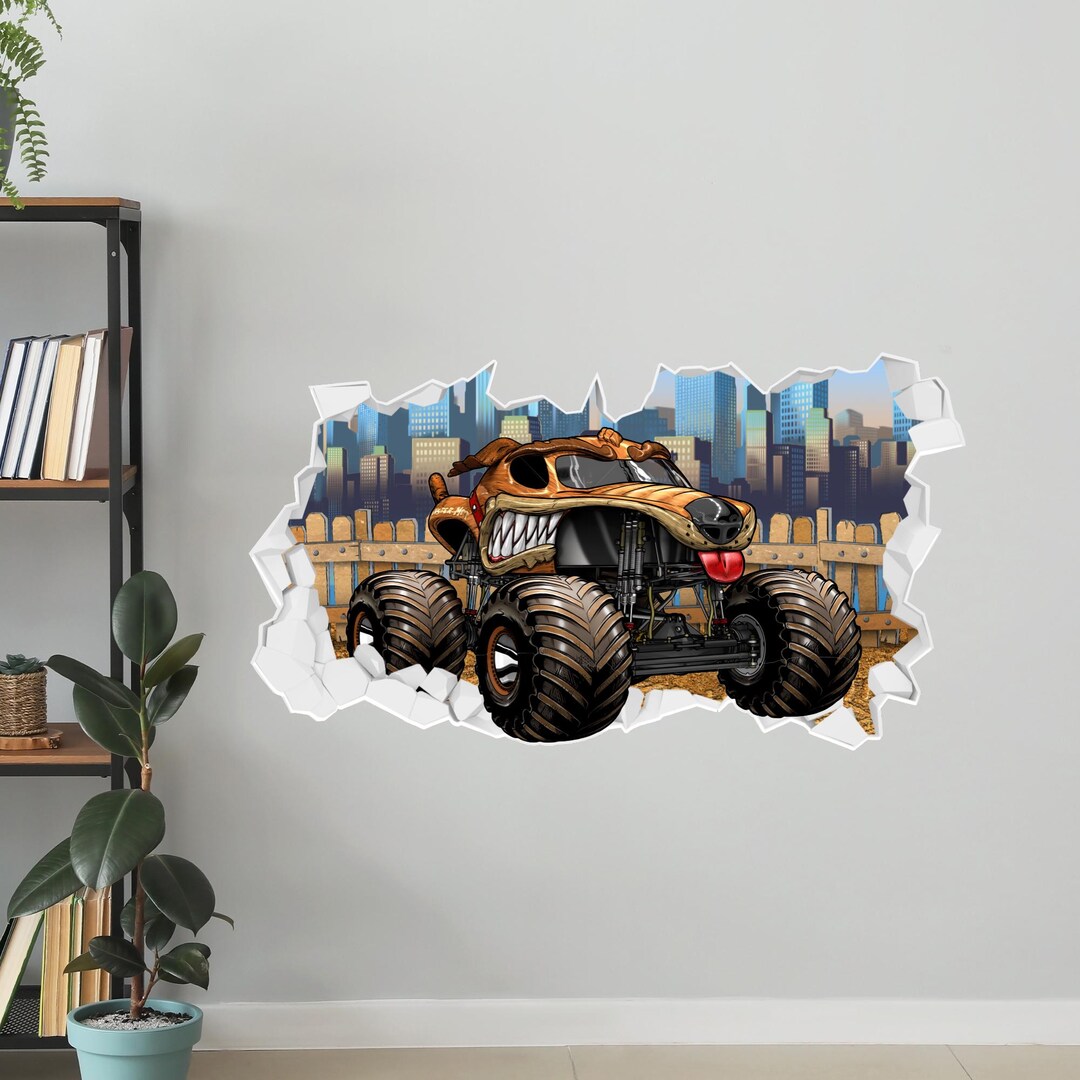 Monster Jam Wall Sticker - Monster Mutt Driving Through Broken Wall ...