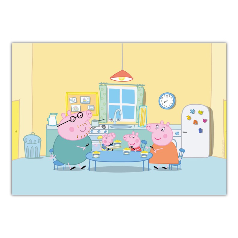 Peppa Pig Print - Peppa and Family in Kitchen Breakfast Scene Poster ...