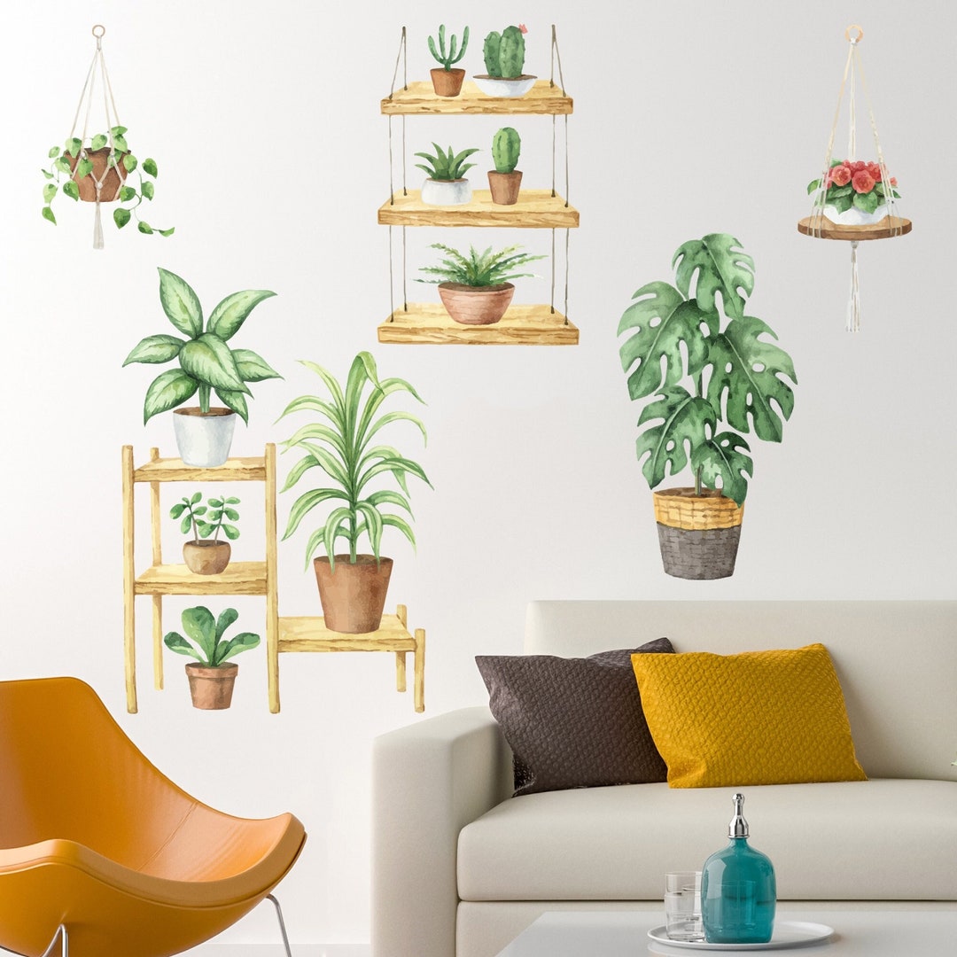 Plant Wall Sticker - Set of Watercolour Plants on Shelves and Hanging ...