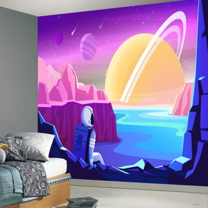 Space Wall Mural - Astronaut Sat Looking Out at Galaxy Full Wall Mural ...