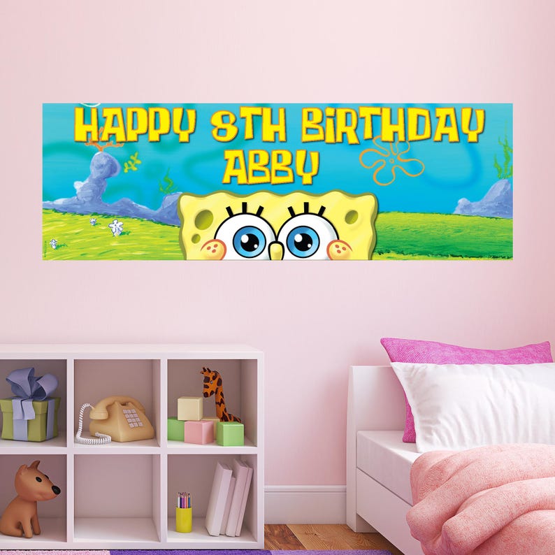 Spongebob Birthday - Spongebob Peeking Personalised Banner Wall Sticker ...