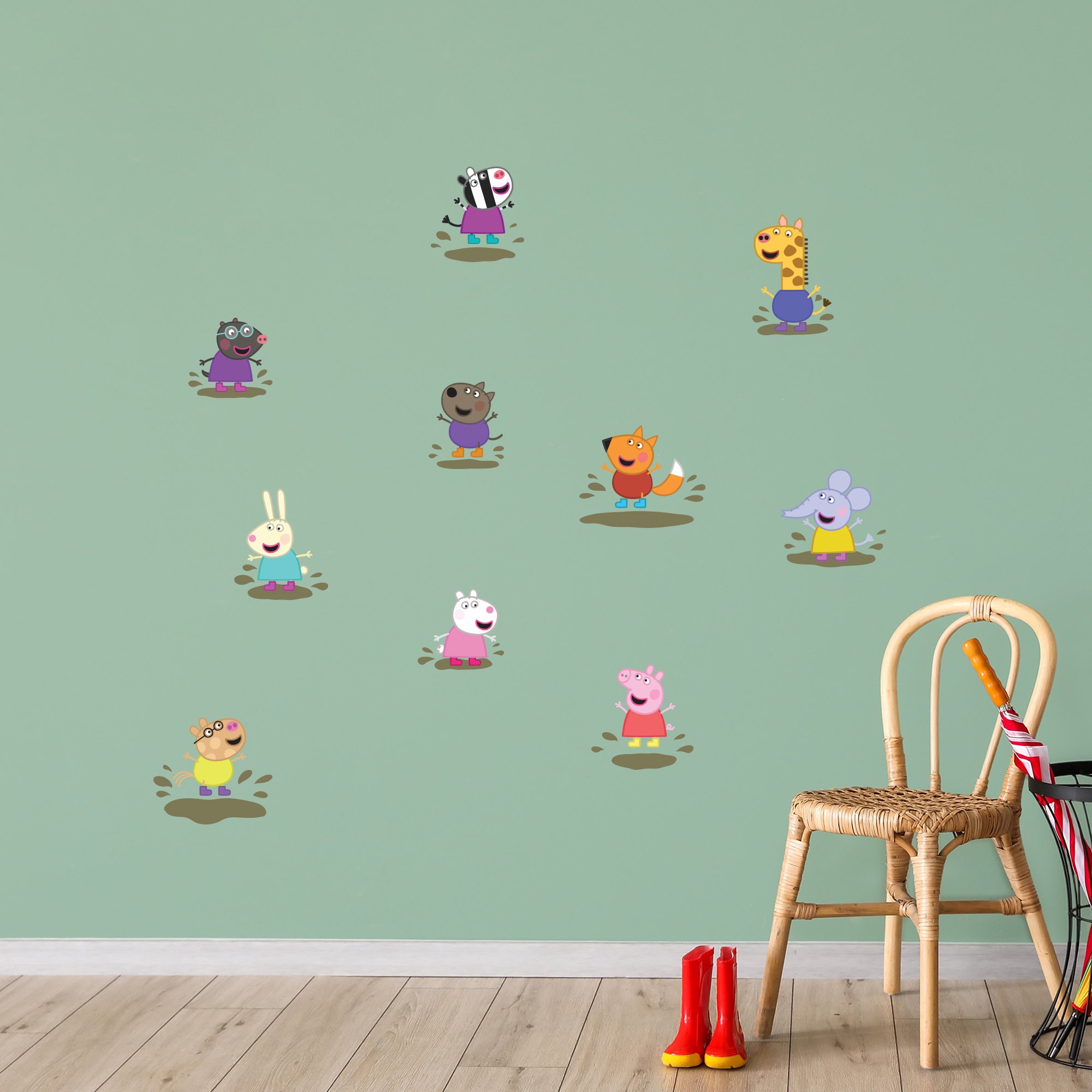 Peppa Pig Wall Sticker - Peppa Pig and Friends Jumping in Muddy Puddles ...