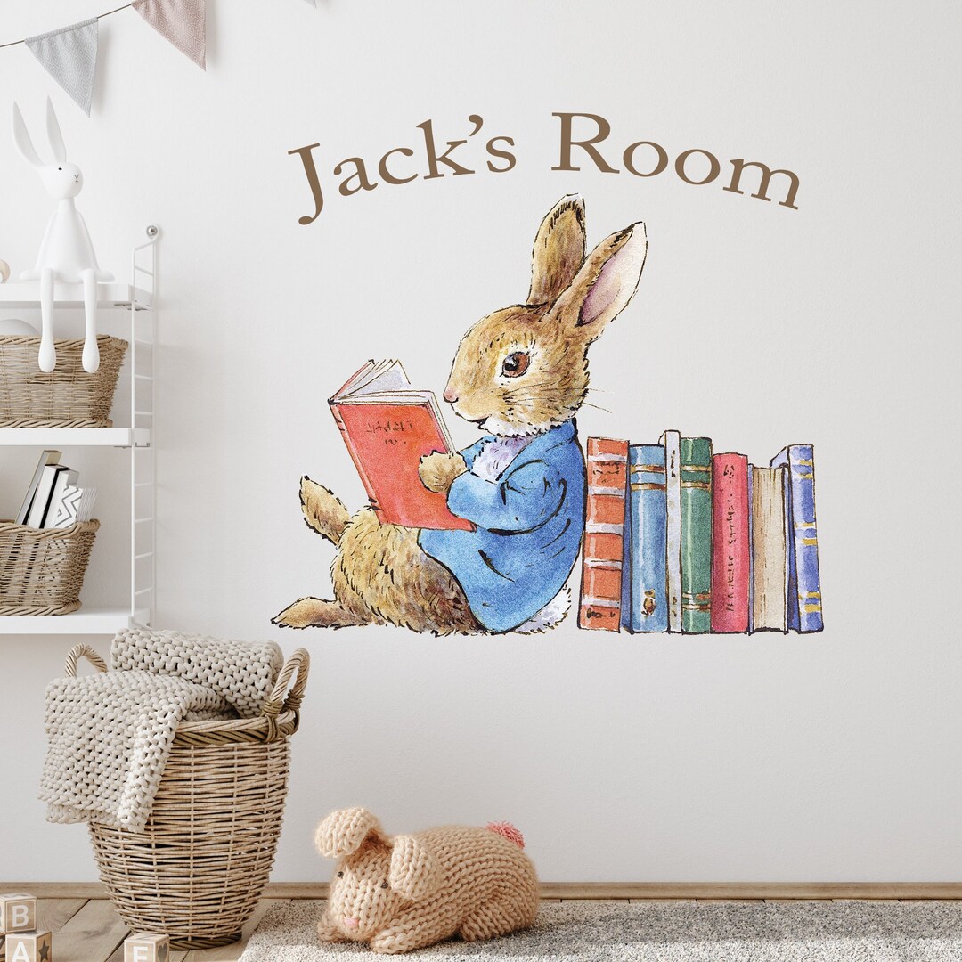 Peter Rabbit Wall Sticker - Peter Rabbit Leaning on Books Personalised Decal Wall Art - Etsy