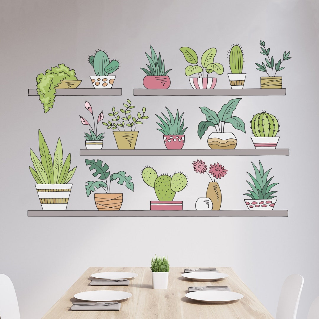 Plant Wall Sticker - Cartoon Plants on Shelves Wall Decals Nature Art ...