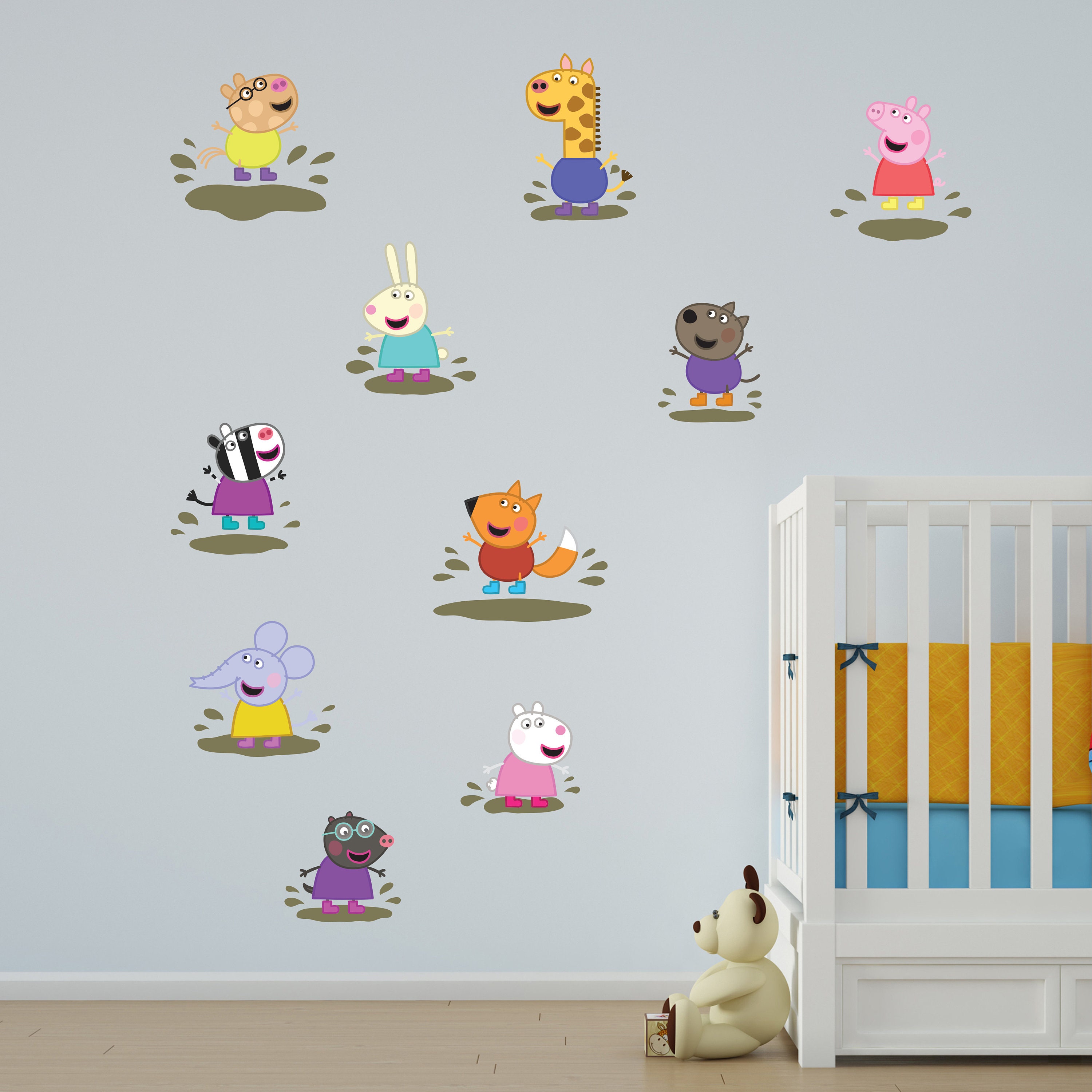 Peppa Pig Wall Sticker - Peppa Pig and Friends Jumping in Muddy Puddles ...