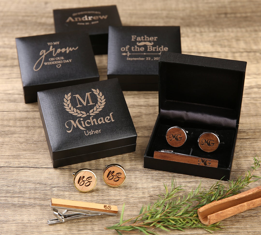 Groomsmen Cufflinks Tie Clip Set, Personalized Wooden Cufflinks for Men ...
