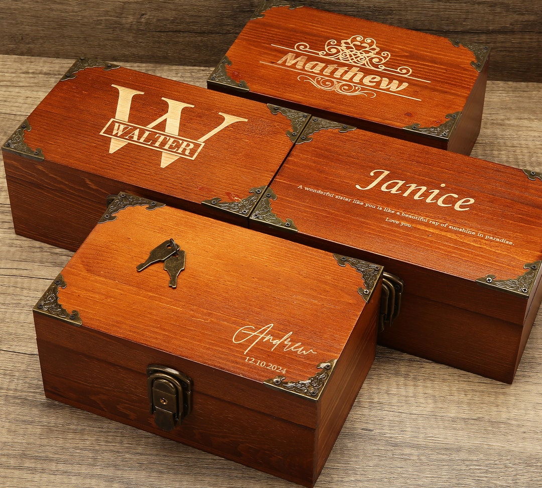 Personalized Wooden Gift Box With Lock & Key , Engraved Wood Jewelry ...