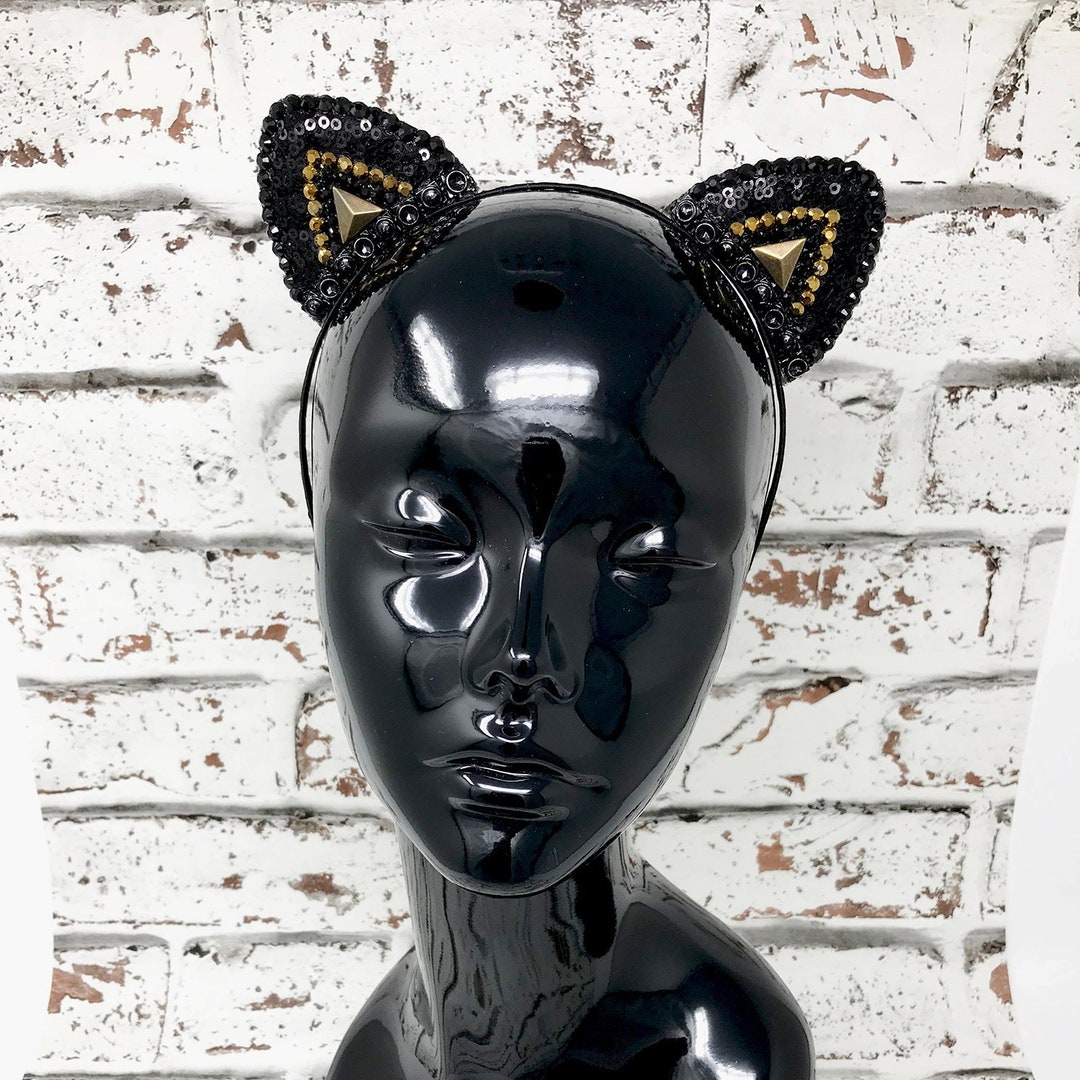 Black Sequin Cat Ears, Hand Embellished, Rhinestones, Festival Headband ...