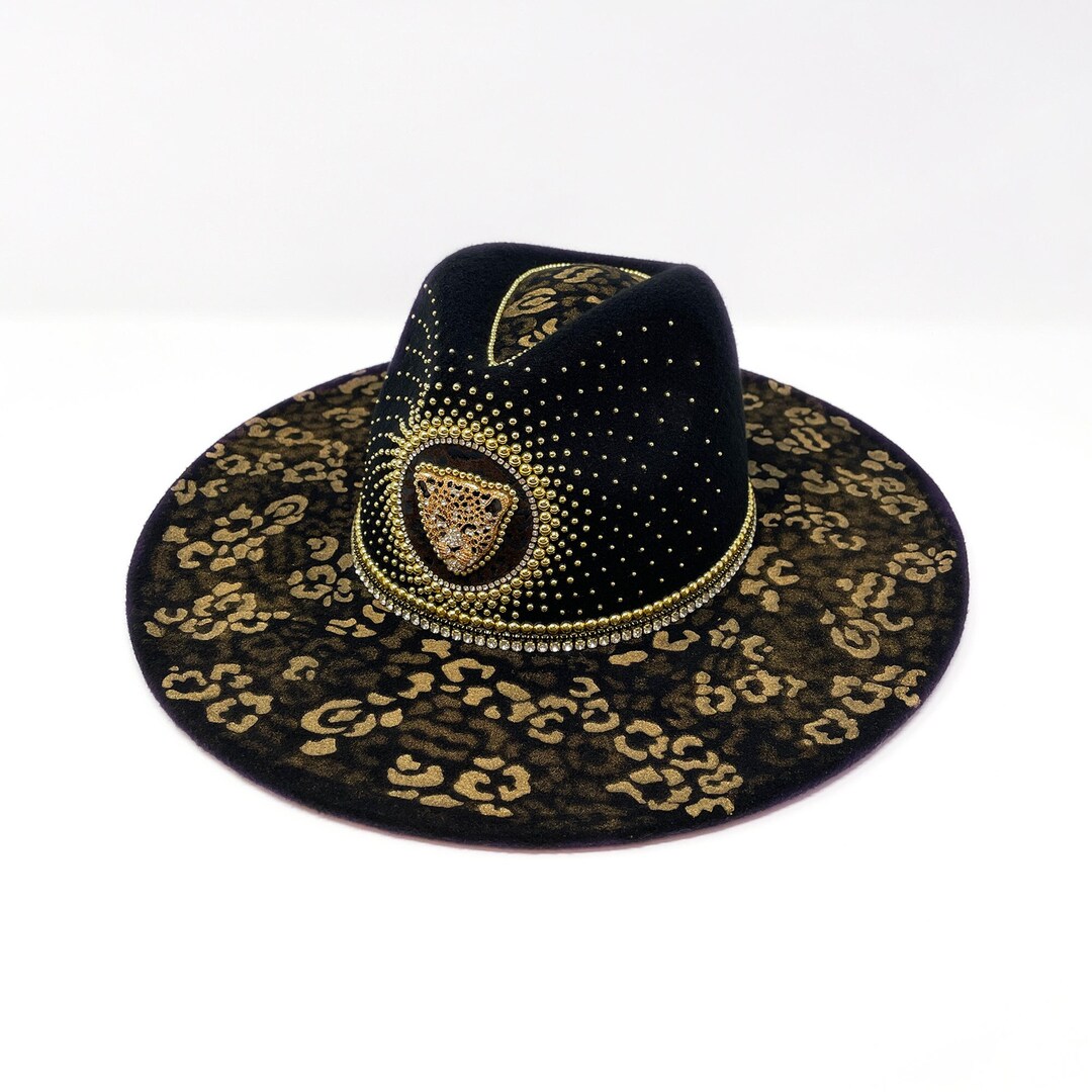 Gold Leopard Fedora Hat, Black, Gold, One Size, Adjustable, Hand ...