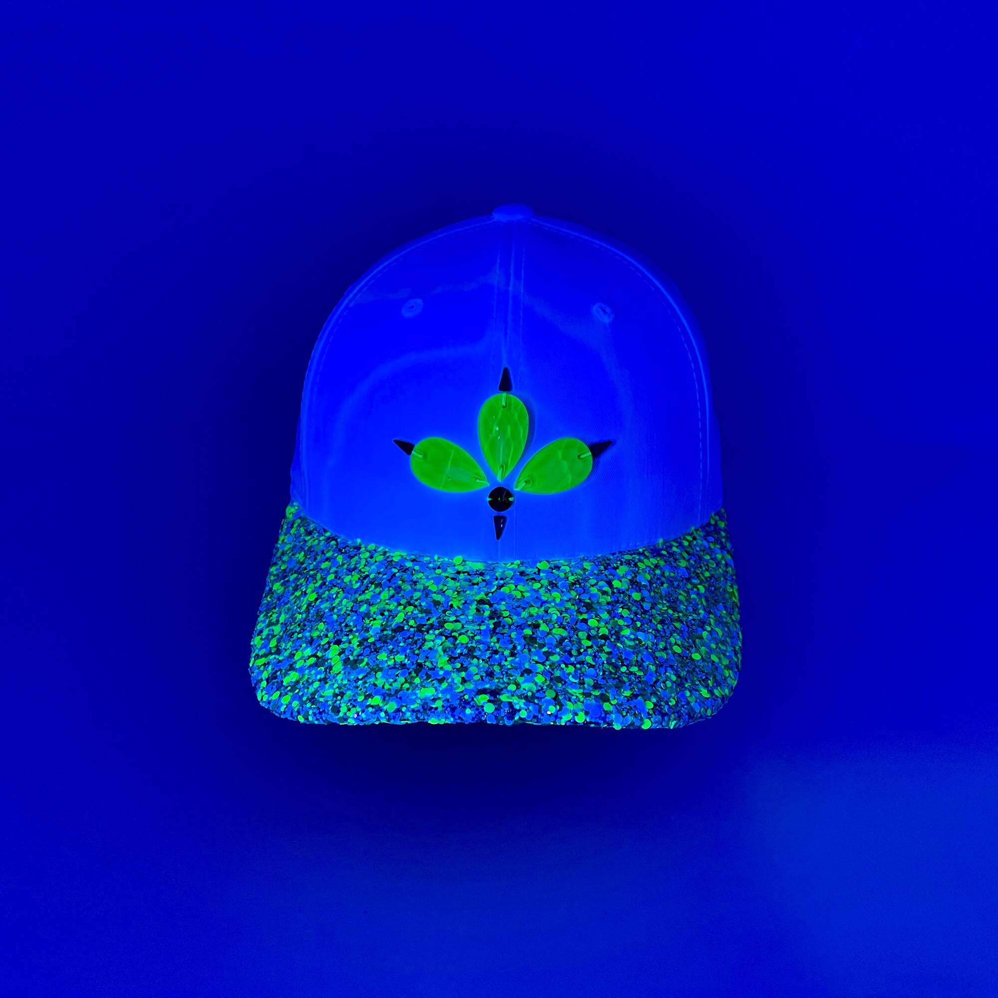 White and UV Green, Curved Peak, Snapback, Cap, Glitter Peak, Day ...