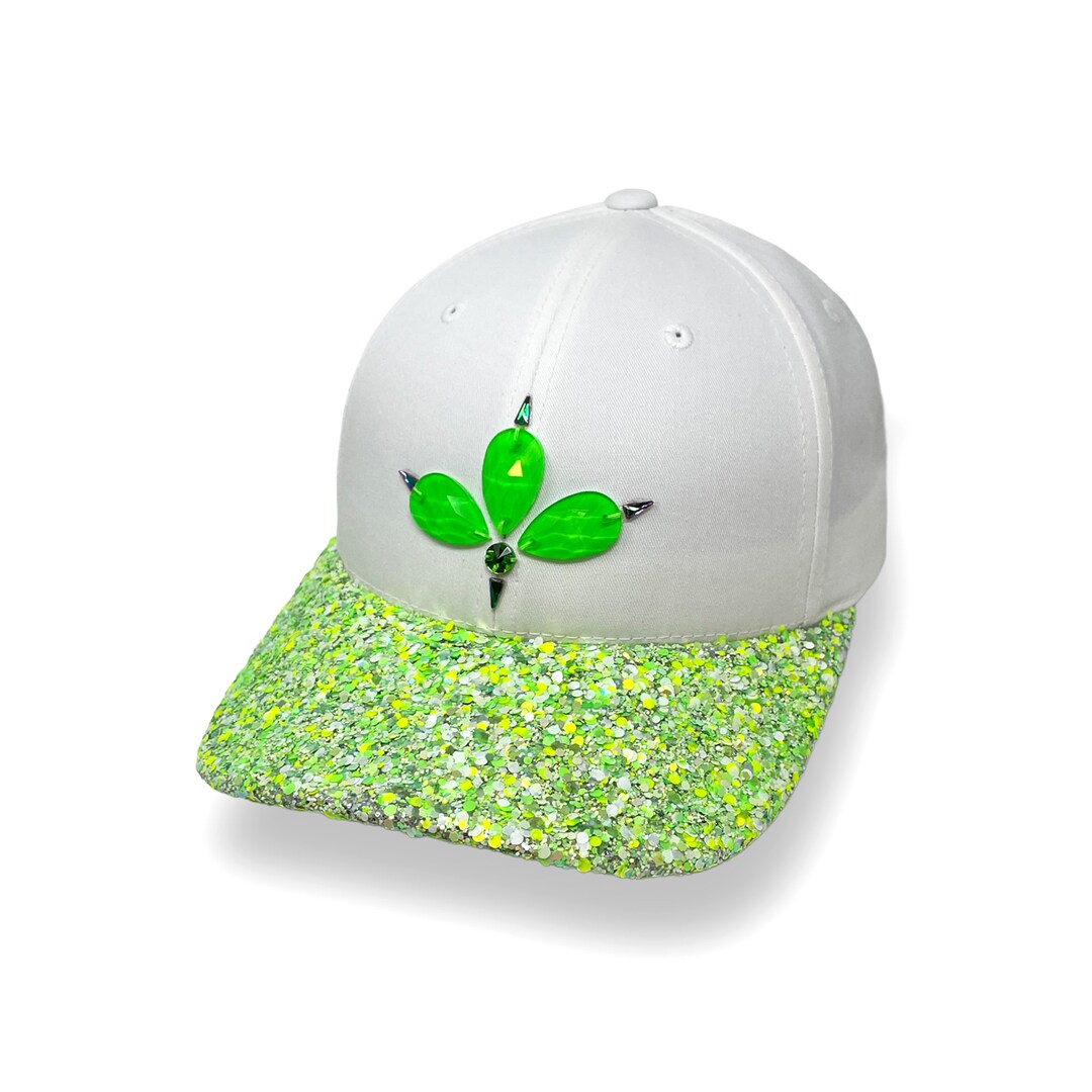 White and UV Green, Curved Peak, Snapback, Cap, Glitter Peak, Day ...