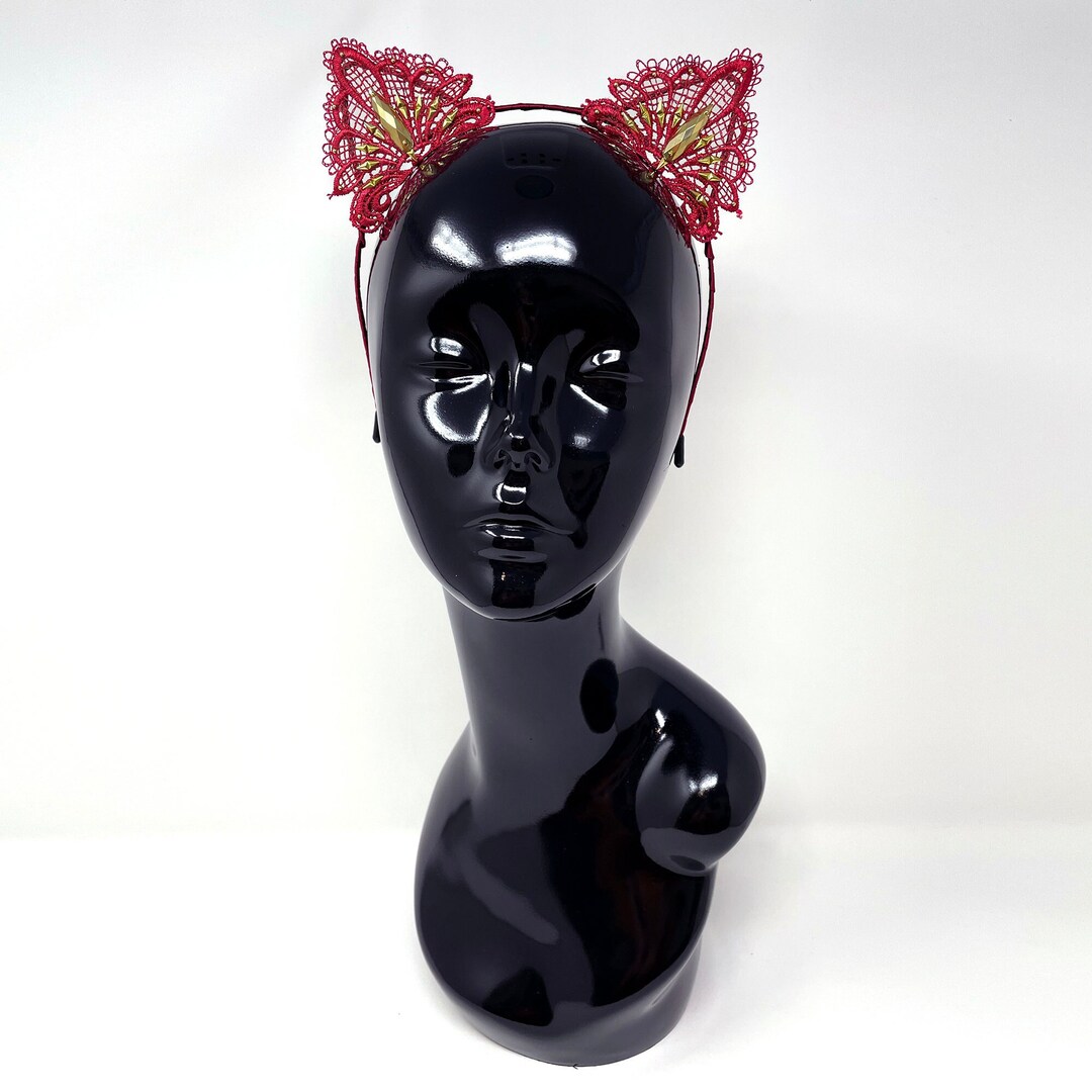 Lace Cat Ears, Red and Gold, Headband, Festival, Accessories, Halloween ...