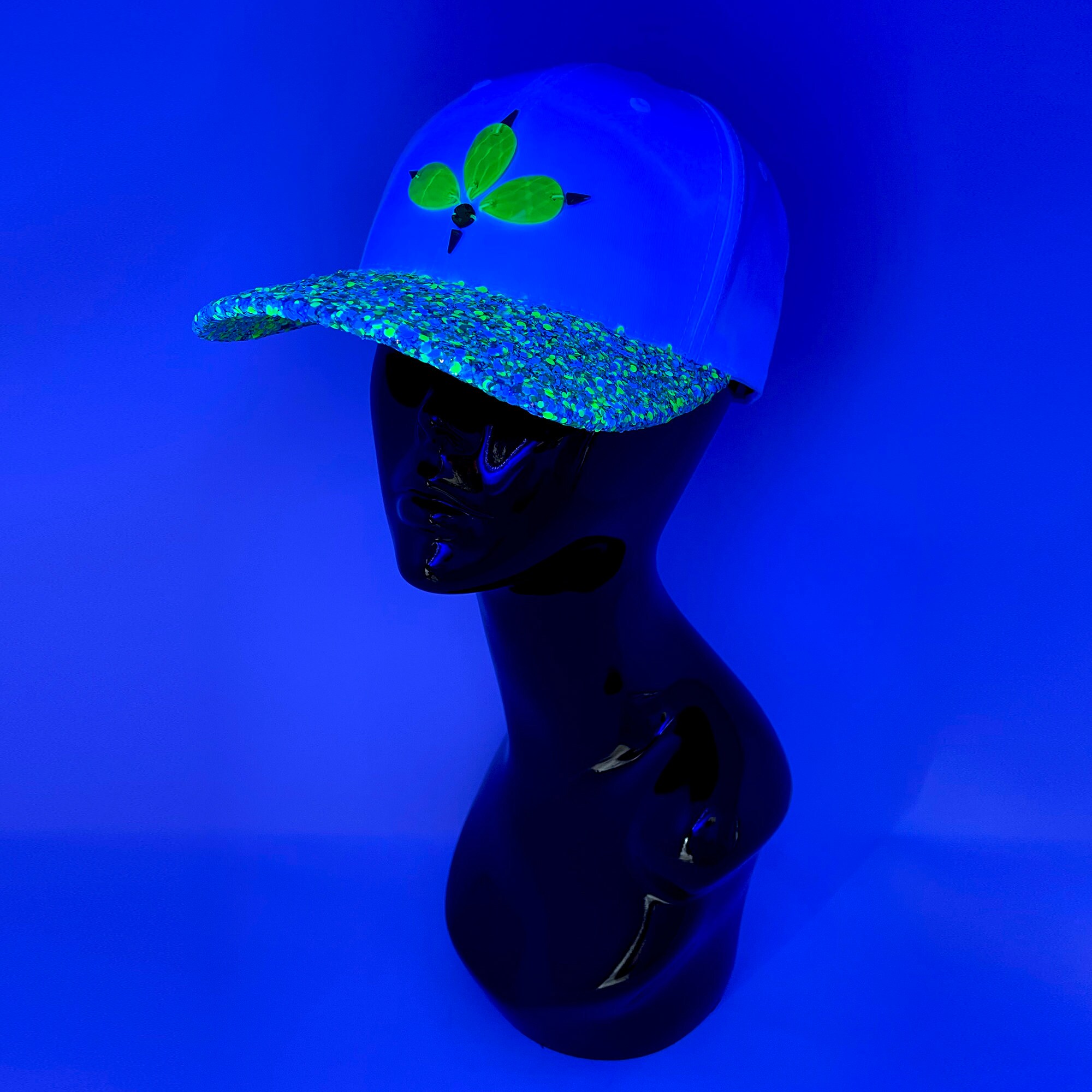 White and UV Green, Curved Peak, Snapback, Cap, Glitter Peak, Day ...