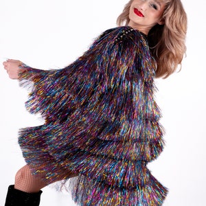 Swift Away Rainbow Tinsel Fringe Long Jacket | Metallic Party Jacket ...
