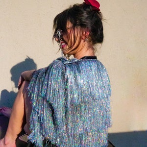 Holographic Silver Tinsel Fringe Crop Jacket | Metallic Party Jacket ...