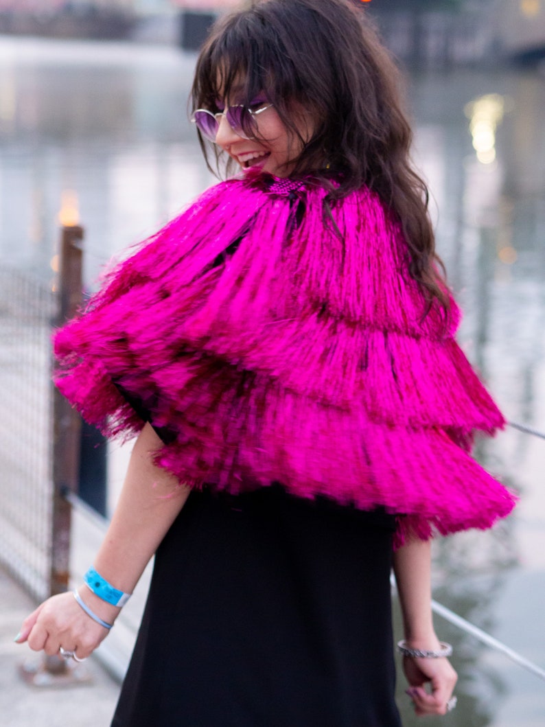 Hot Pink Tinsel Jacket | Fringe Crop Metallic Party Coat | Karma ...
