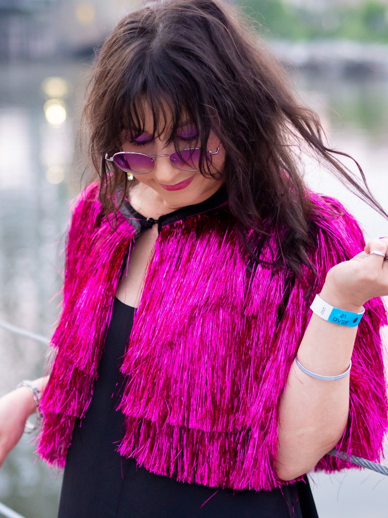 Hot Pink Tinsel Jacket | Fringe Crop Metallic Party Coat | Karma ...