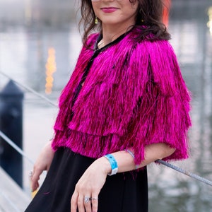 Fuchsia Hot Pink Tinsel Fringe Crop Jacket | Metallic Party Jacket ...