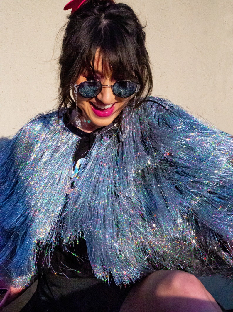 Holographic Silver Fringe Tinsel Jacket | Crop Sparkly Sequin Party ...