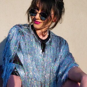 Holographic Silver Tinsel Fringe Crop Jacket | Metallic Party Jacket ...