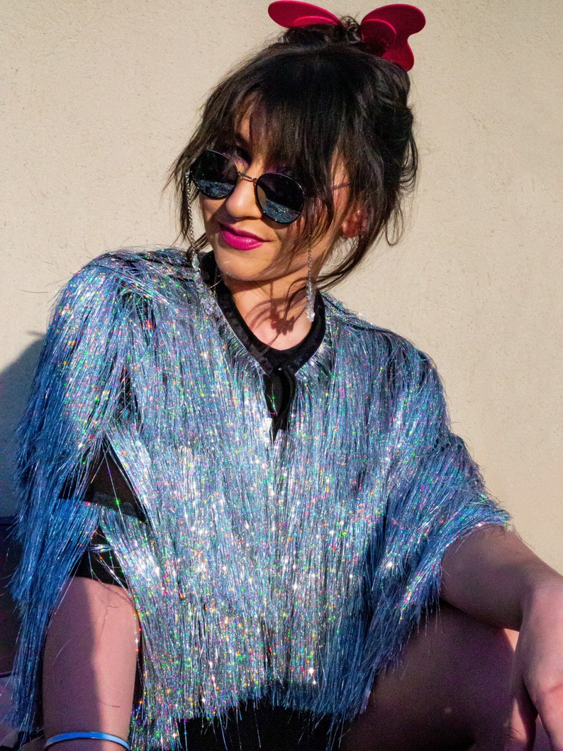 Holographic Silver Tinsel Fringe Crop Jacket | Metallic Party Jacket ...
