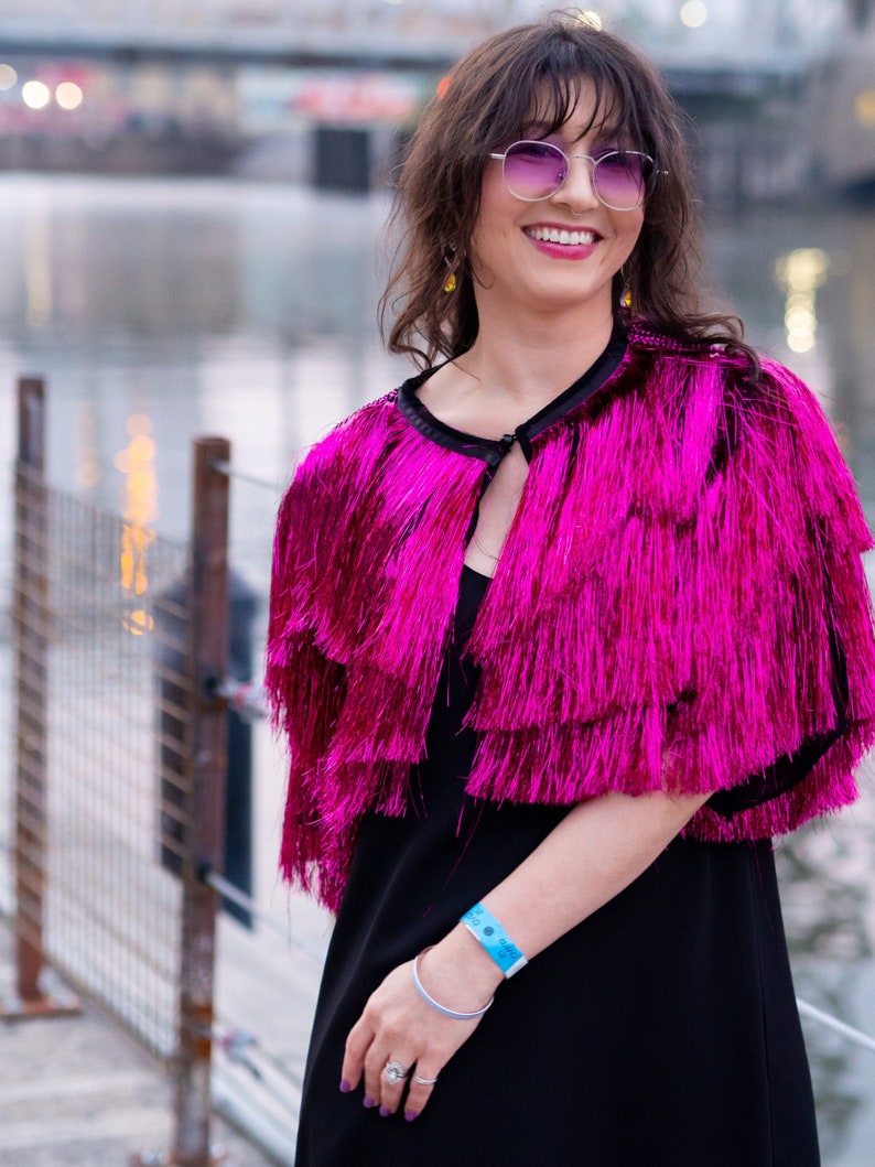 Hot Pink Tinsel Jacket | Fringe Crop Metallic Party Coat | Karma ...