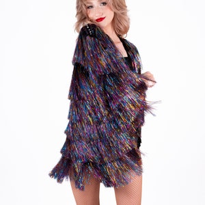 Swift Away Rainbow Tinsel Fringe Long Jacket | Metallic Party Jacket ...