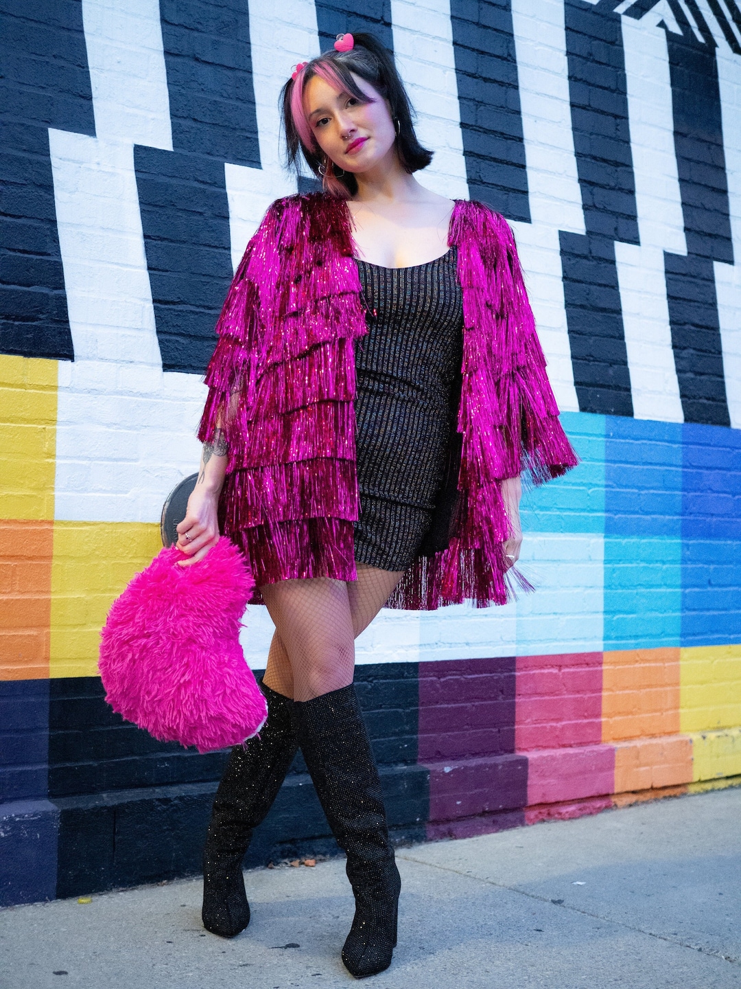 Fuchsia Pink Tinsel Fringe Long Sparkle Swift Jacket | Metallic Party ...