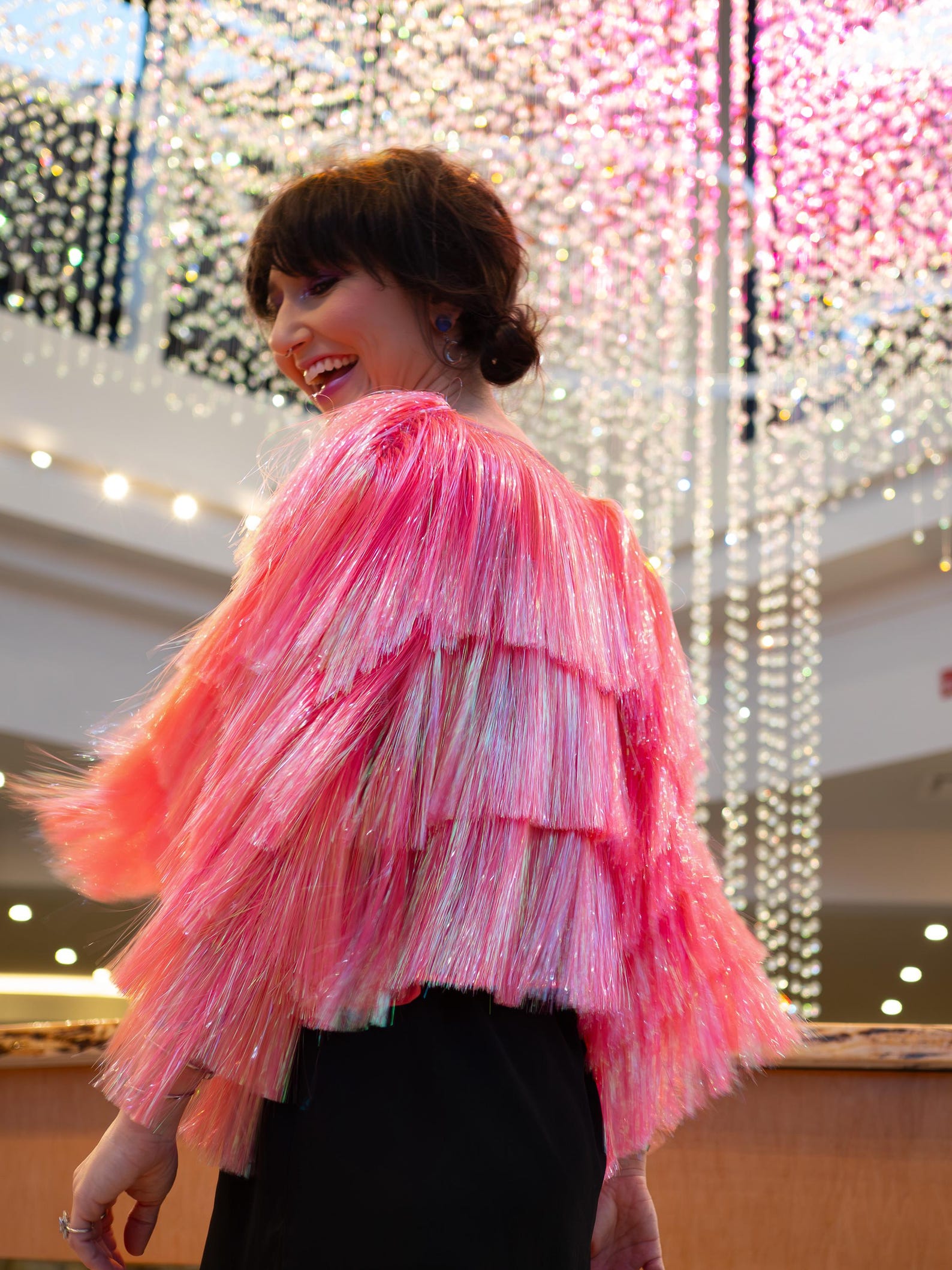 Light Pink Tinsel Karma Jacket | Iridescent Fringe Party Coat | Era ...
