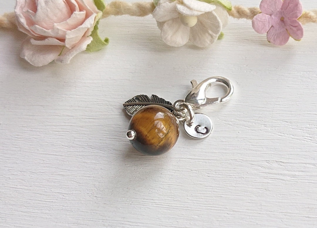 Tiger Eye Charm: Personalized Initial, Feather Accent, Stone of Luck ...