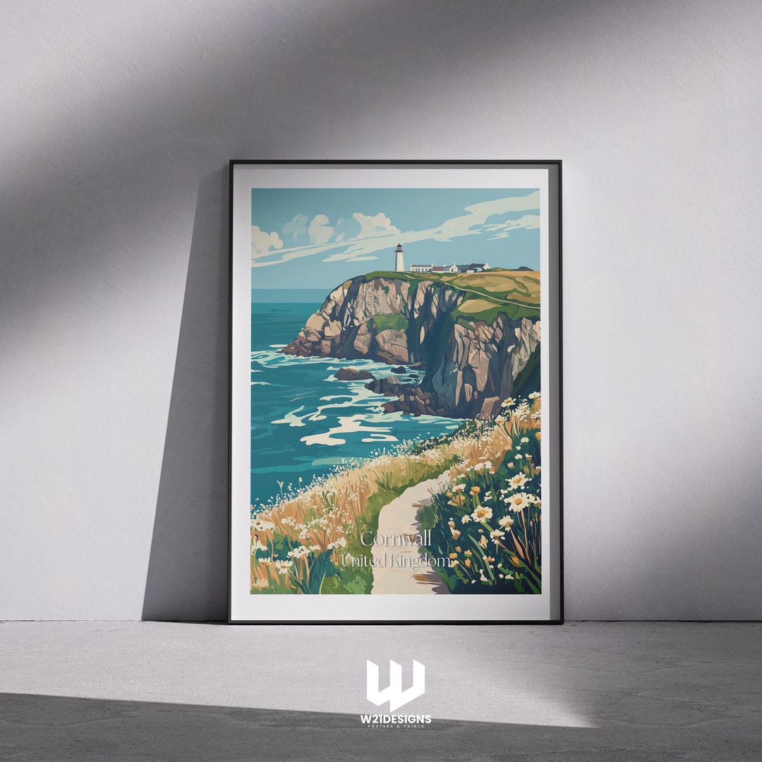Cornwall Coastal Path Travel Poster – Scenic Cliffside Illustration | Cornish Seaside Art ...