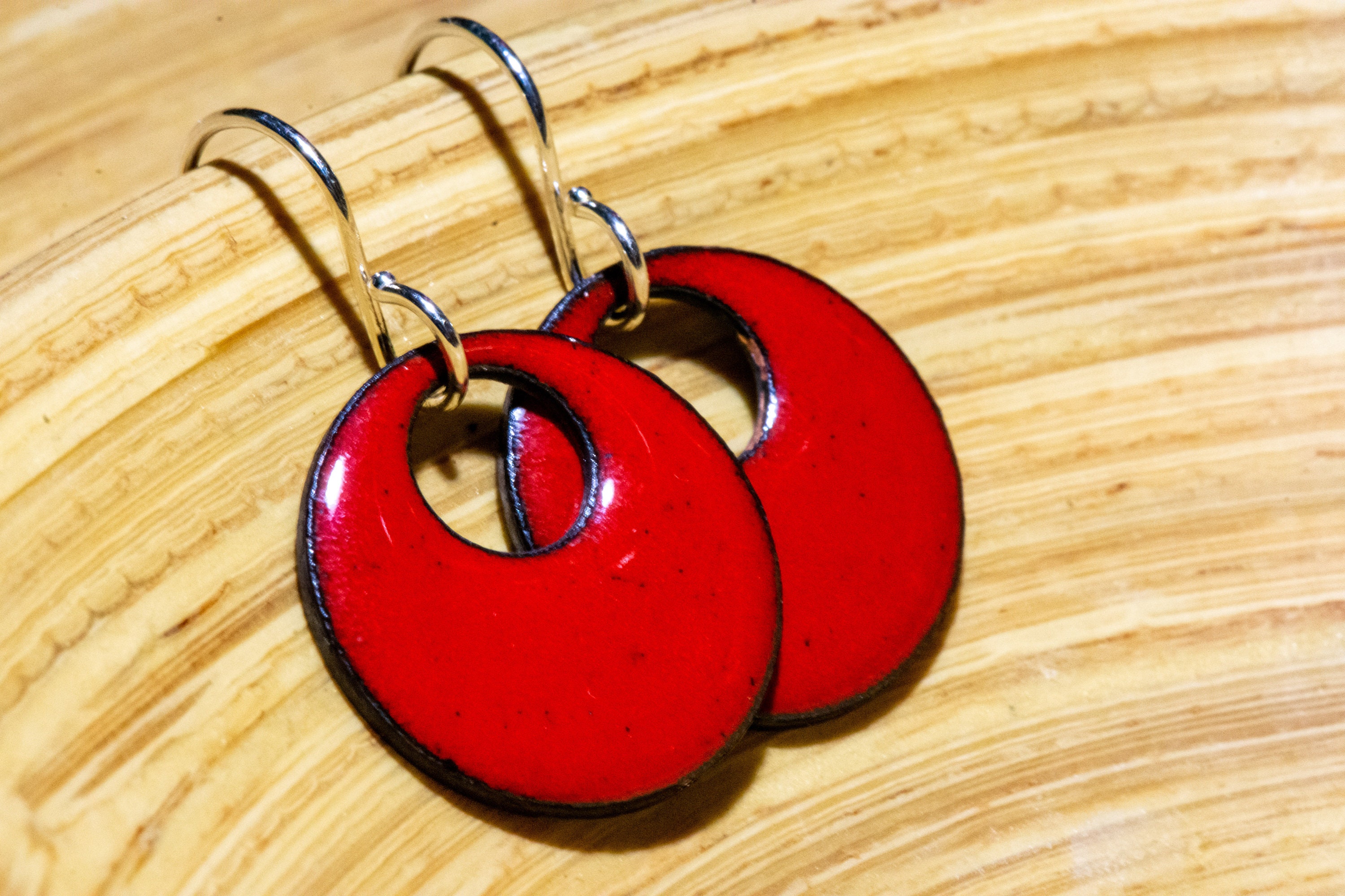 Bright Red Enamel Earrings, Handmade Enameled Copper Jewelry, Small ...