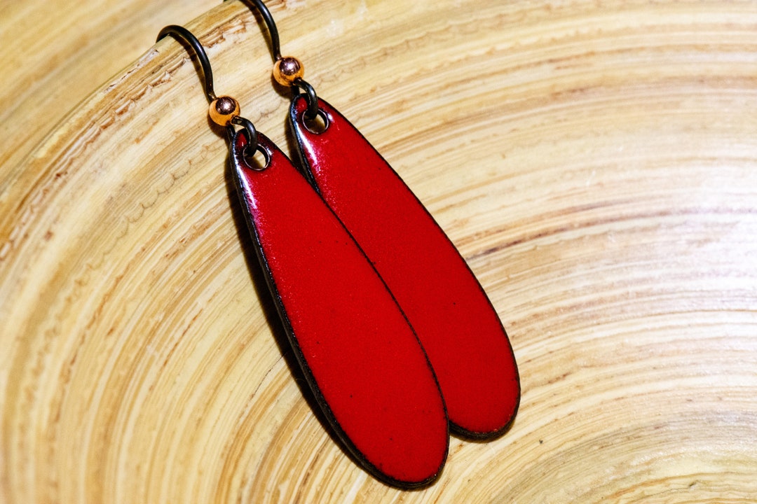 Bright Red Enamel Earrings Long Teardrop, Handmade Statement Jewelry ...