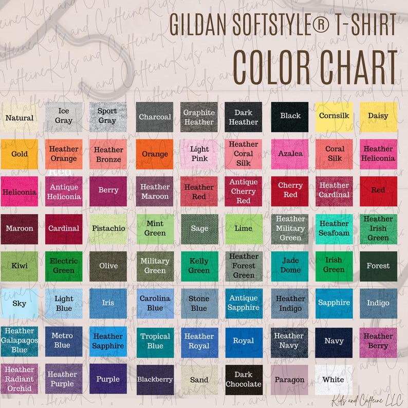 Gildan Softstyle T-shirt Size Chart - Color Chart - PNG - Etsy