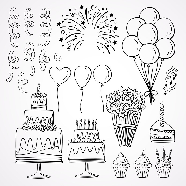 Hand-drawn Birthday Clipart, Party Clipart, Cake Clipart, Bunting ...